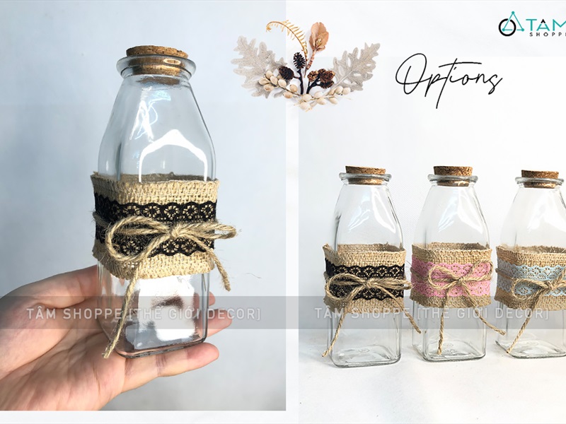 Chai thủy tinh bố ren trụ vuông cao 16cm [5 màu chọn - Kèm nút] CHAILO ...