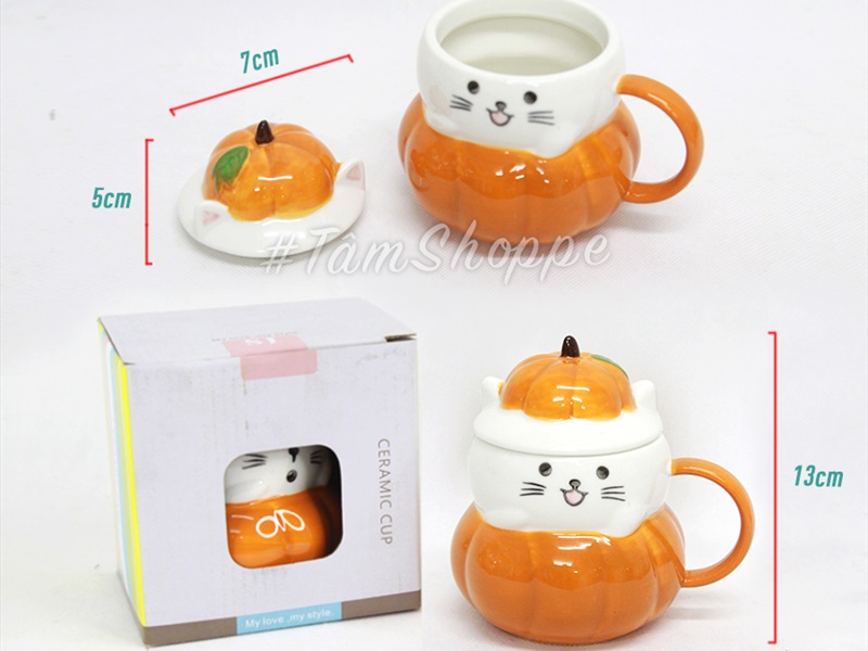 Ly gốm Halloween mèo bí ngô biểu cảm nắp rời LGOM-03