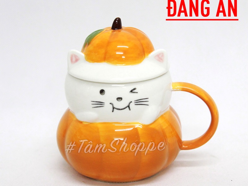 Ly gốm Halloween mèo bí ngô biểu cảm nắp rời LGOM-03
