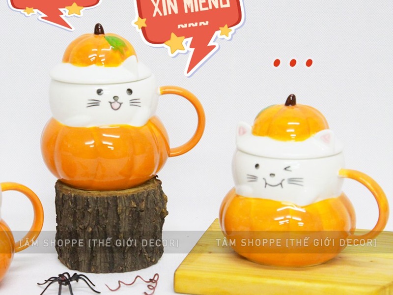 Ly gốm Halloween mèo bí ngô biểu cảm nắp rời LGOM-03