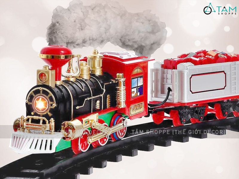 Mô hình đoàn tàu hoả có đường ray chạy quanh cây thông Noel [Phun khói ...