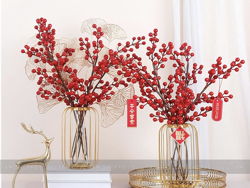 Cành đào đông đỏ 12 nhánh hàng xịn [Trái to - căng đẹp] CANHTRAI-04