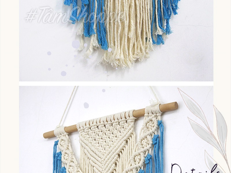 Macrame treo tường mũi tên 2 lớp xanh biển phối trắng (tặng đinh tường) MACRAME-03