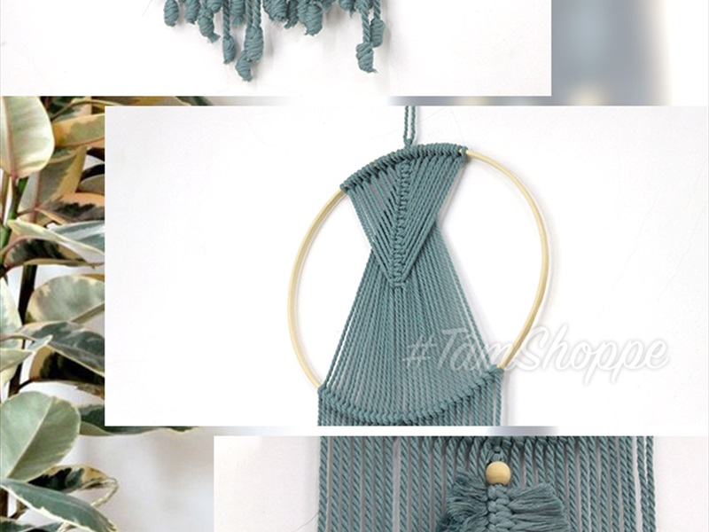 Macrame treo tường vòng tròn đan chéo 1 lá xanh lam Vintage (tặng đinh tường) MACRAME-04