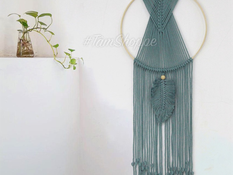 Macrame treo tường vòng tròn đan chéo 1 lá xanh lam Vintage (tặng đinh tường) MACRAME-04