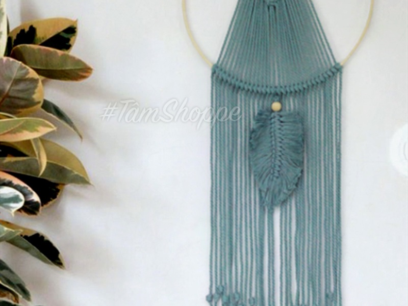Macrame treo tường vòng tròn đan chéo 1 lá xanh lam Vintage (tặng đinh tường) MACRAME-04